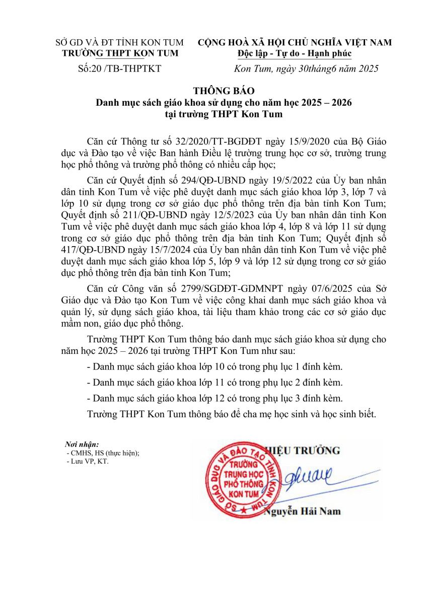 THÔNG BÁO DANH MỤC SÁCH GIÁO KHOA SỬ DỤNG CHO NĂM HỌC 2025 – 2026 TẠI TRƯỜNG THPT KON TUM